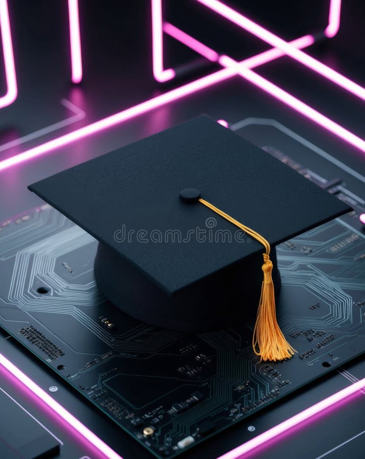 Graduation Cap on a Circuit Board with Neon Lights. Stock Image - Image ...