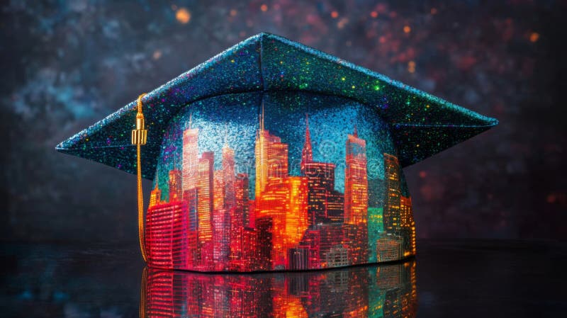Graduation Cap Cityscape Night Lights Design Stock Illustration ...