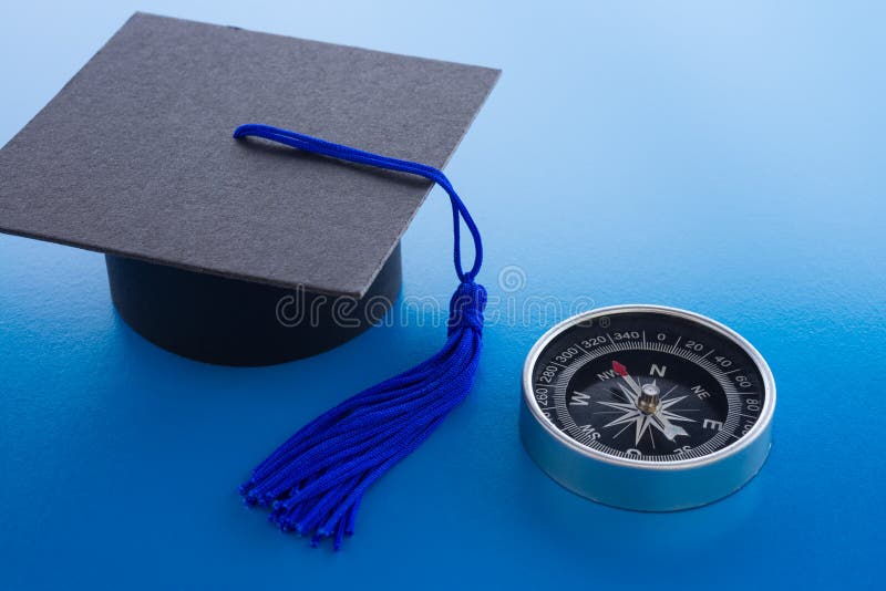 Graduation Cap and Compass on Blue Background. Stock Photo - Image of ...