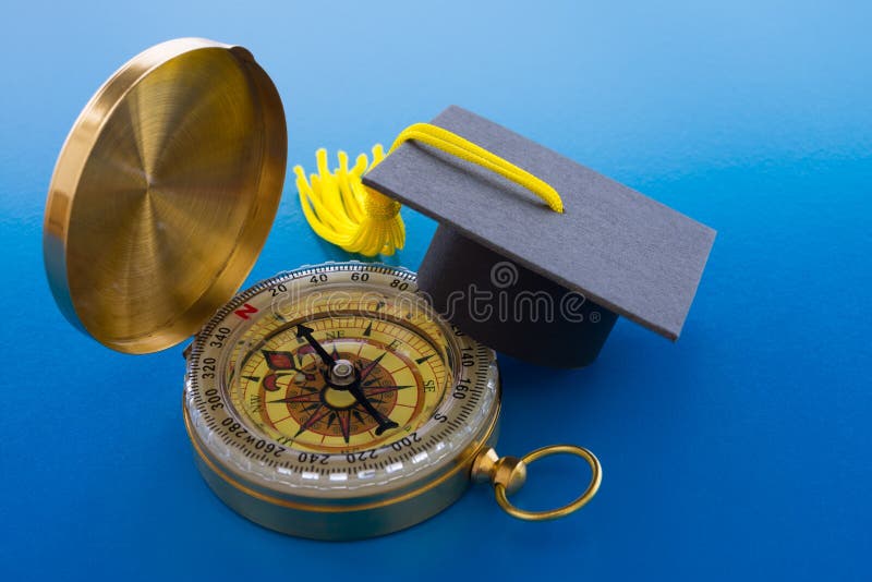 Graduation Cap and Compass on Blue Background. Stock Photo - Image of ...