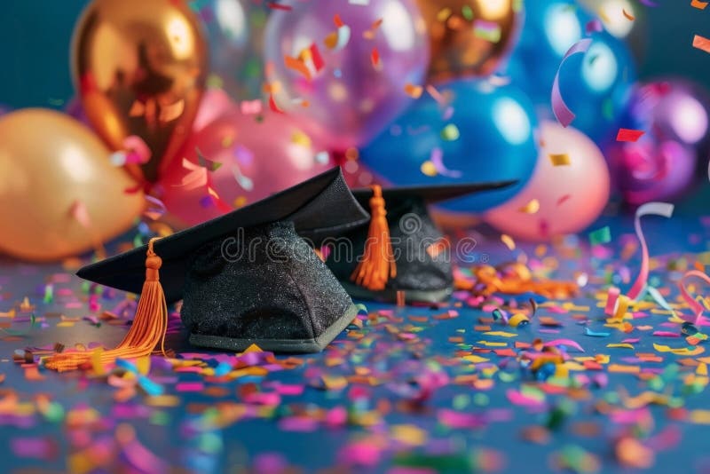 Graduation Cap with Confetti and Balloons, Bright Graduating Banner ...