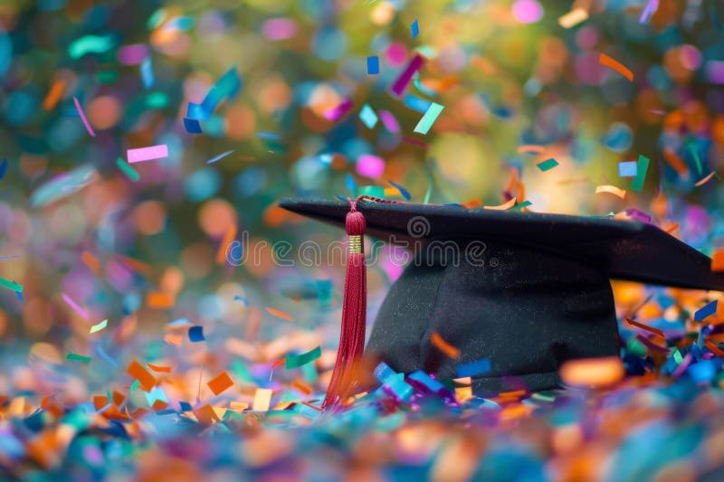 Graduation Cap and Confetti, Bright Graduating Banner, Poster ...
