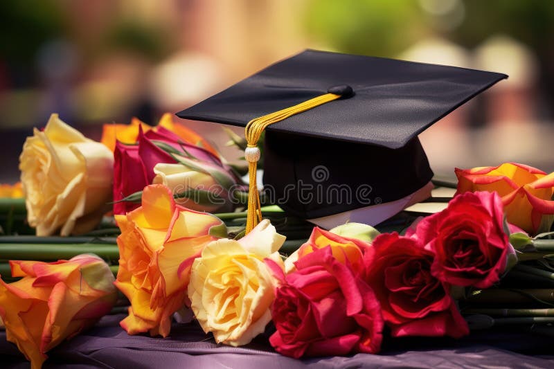 Graduation Cap and Diploma Amidst Vibrant Roses Stock Image - Image of ...
