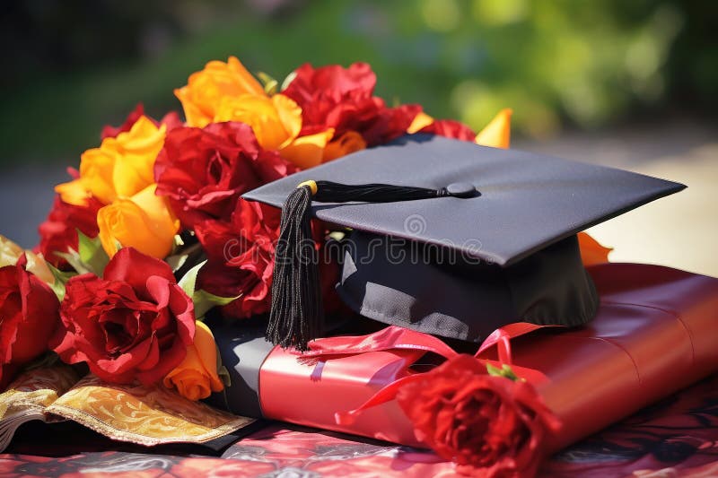Graduation Cap and Diploma Amidst Vibrant Roses Stock Photo - Image of ...