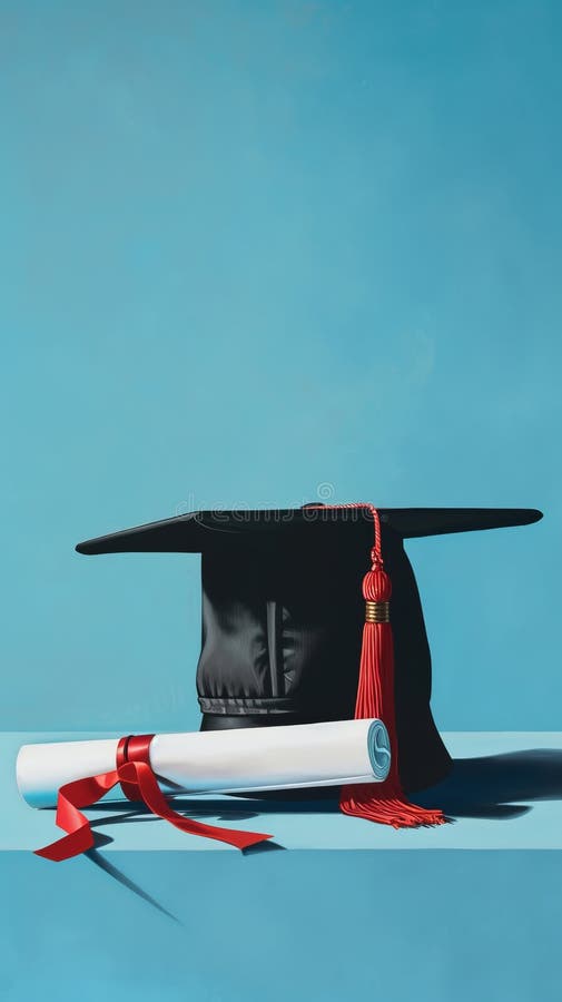 Graduation Cap and Diploma on Blue Background, Academic Achievement ...