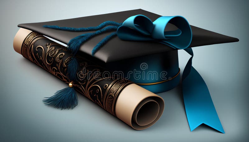 Graduation Cap, Diploma and Blue Ribbon. 3D Illustration Stock ...