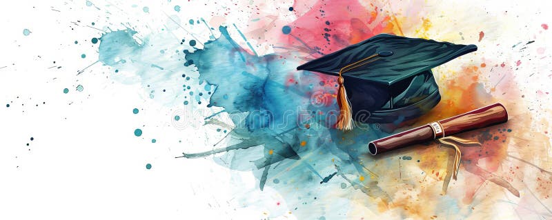 Graduation Cap and Diploma with Colorful Abstract Paint Splashes ...