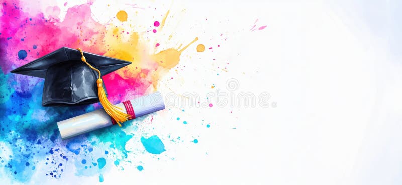 Graduation Cap and Diploma on Colorful Splash Background for ...