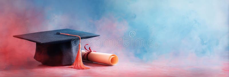 Graduation Cap and Diploma Floating on an Educational Background ...