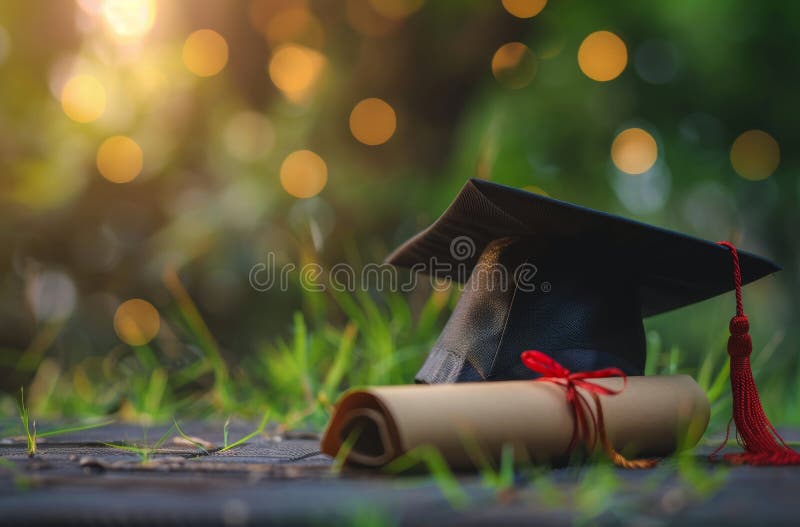 Graduation Cap and Diploma on Grass Stock Photo - Image of academic ...