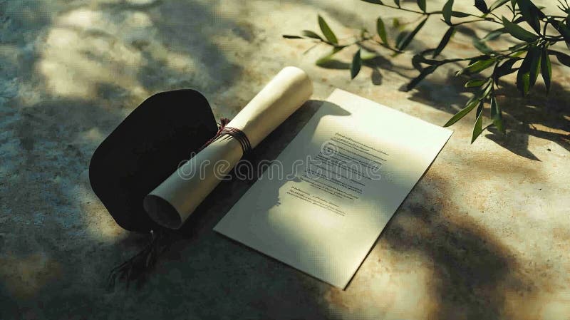 A Graduation Cap and Diploma on a Light Surface, with Space for Stock ...