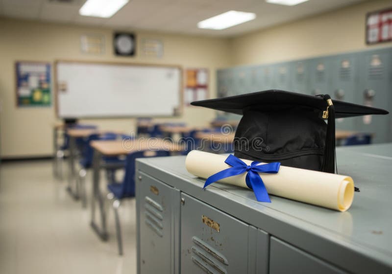 Graduation Cap and Diploma on Lockers in Classroom Stock Illustration ...