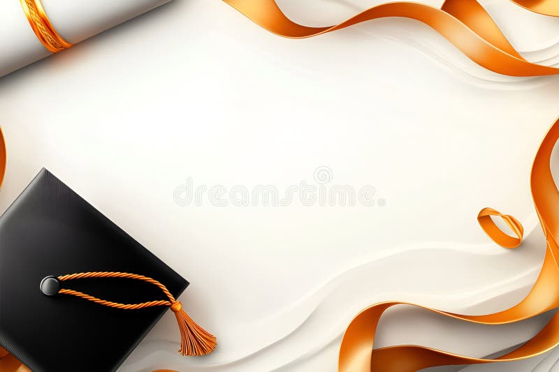 Graduation Cap and Diploma with Orange Ribbon on Elegant White ...