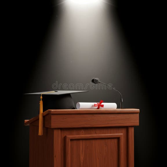 Graduation Cap and Diploma on Podium Under Spotlight Stock Illustration ...
