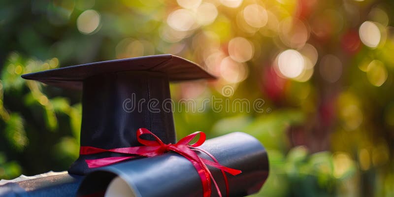 A Graduation Cap and Diploma with Red Ribbon Stock Photo - Image of ...