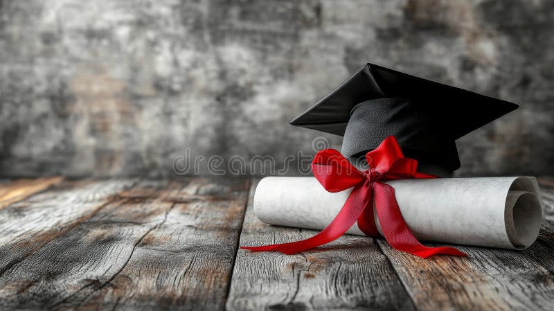 Graduation Cap and Diploma with Red Ribbon on Rustic Wooden Surface ...
