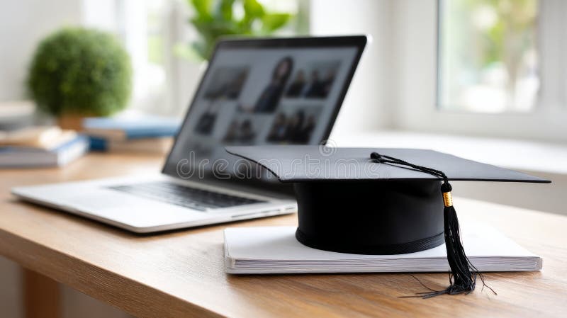 Graduation Cap and Diploma Resting on a Desk, with a Laptop Open and ...