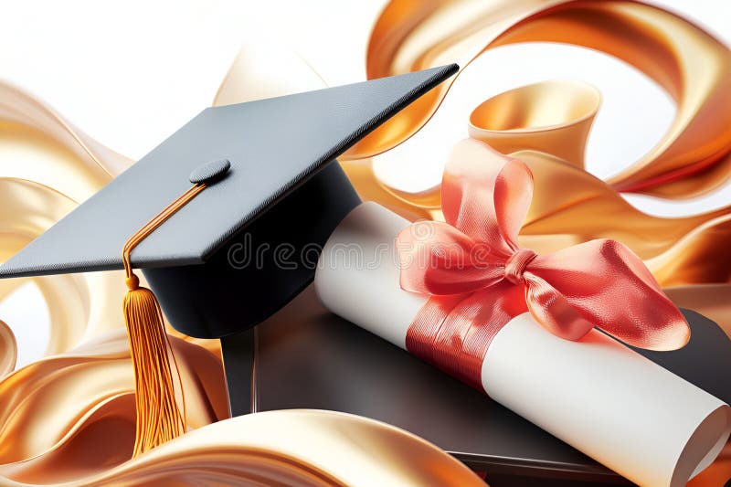 Graduation Cap with Diploma and Ribbon on Abstract Golden Background ...