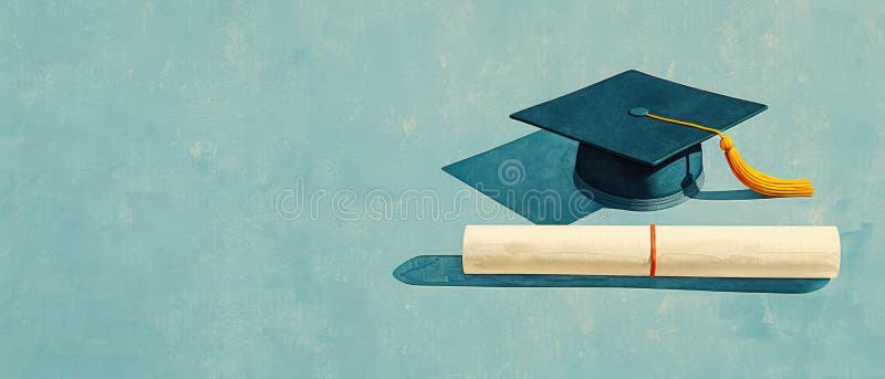 Graduation Cap, Diploma, and a Scroll on a Blue Background Stock Photo ...