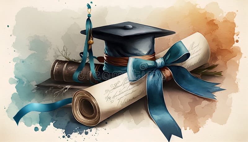Graduation Cap, Diploma and Diploma Scroll with Blue Ribbon on ...