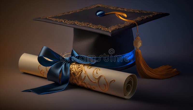Graduation Cap, Diploma and Diploma Scroll with Blue Ribbon on ...