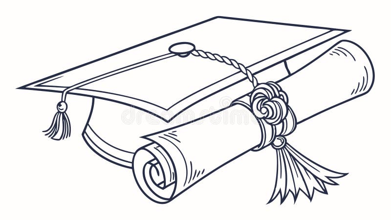 Academic Cap with a Scroll of Diploma Lies on a Stack of Books Line Art ...