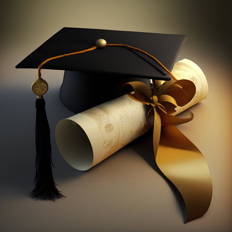 Graduation Cap, Diploma and Diploma Scroll with Blue Ribbon on ...