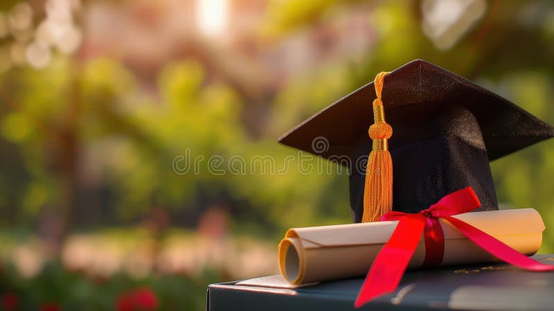 Graduation Cap with Diploma Scroll on Nature Background Stock ...