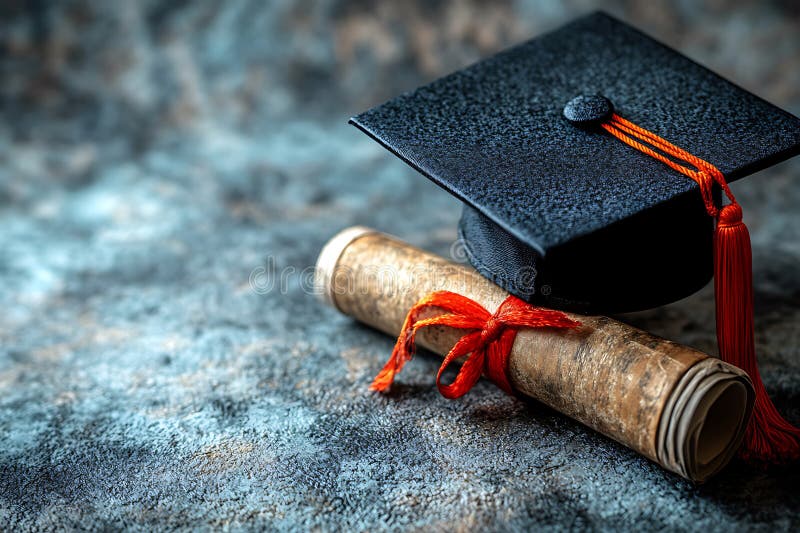 Graduation Cap and Diploma Scroll with Red Ribbon on Distressed Surface ...