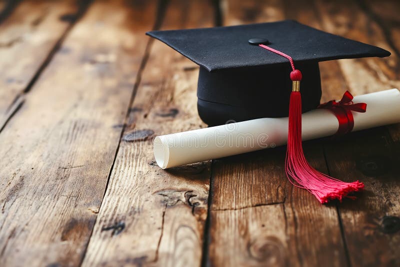 A Graduation Cap and Diploma on a Wooden Table Stock Image - Image of ...