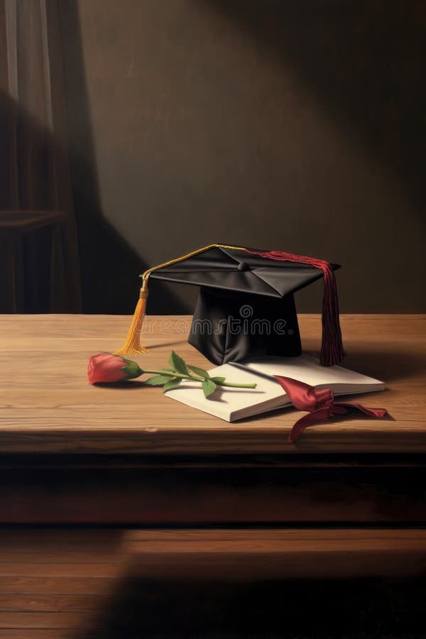 Graduation Cap and Diploma on a Wooden Table Stock Illustration ...
