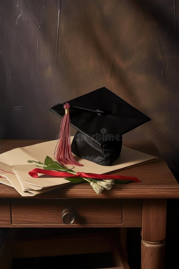 Graduation Cap and Diploma on Wooden Table Stock Illustration ...