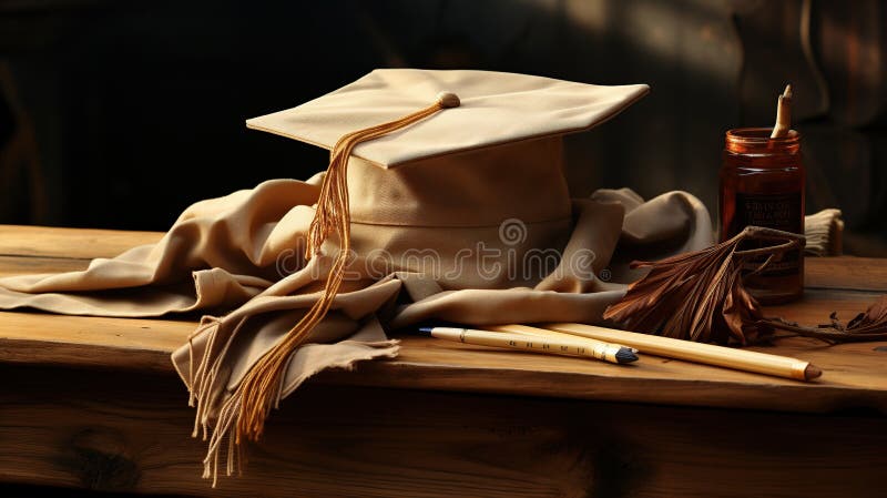 Graduation Cap and Diploma on Wooden Table in Room, Closeup Stock ...