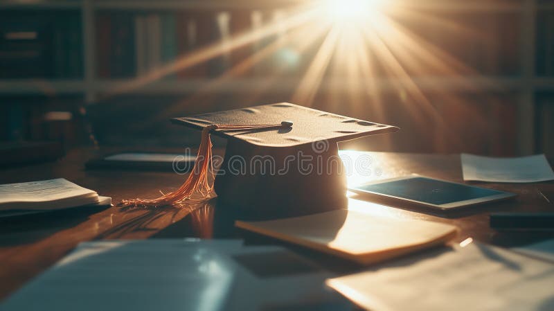 The Graduation Cap Dreamily Sits among Study Tools Stock Photo - Image ...