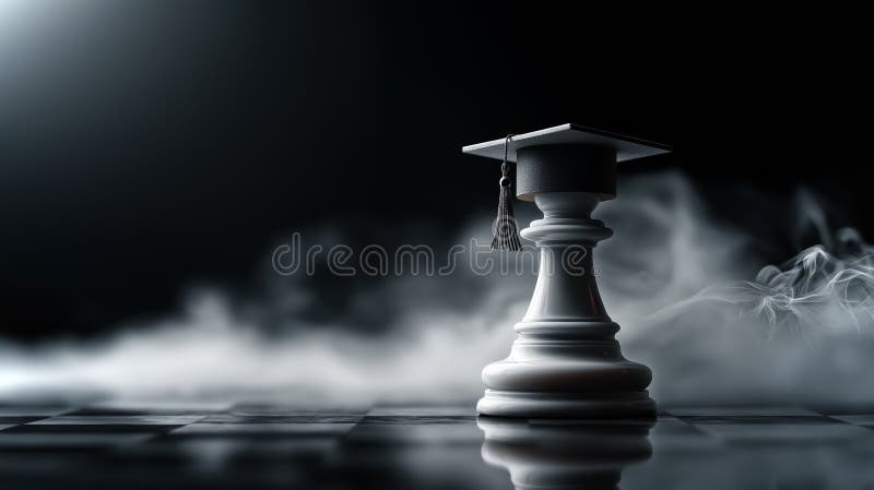 Graduation Cap Elegantly Balanced on a Marble Chess Rook in a Dramatic ...