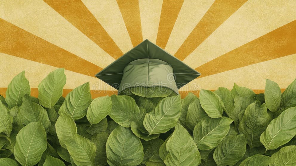 Graduation Cap Emerging from Lush Green Foliage Stock Illustration ...