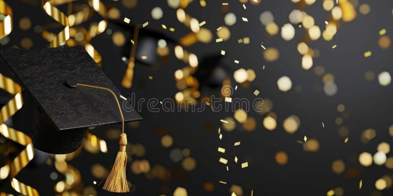Graduation Cap is Falling through a Cloud of Gold Confetti Stock Image ...