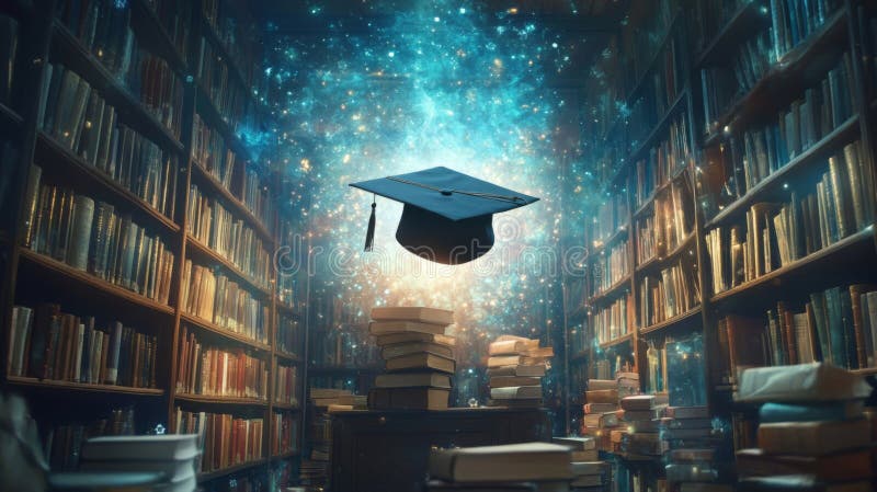 Graduation Cap Floating Above Ancient Bookshelves Stock Illustration ...