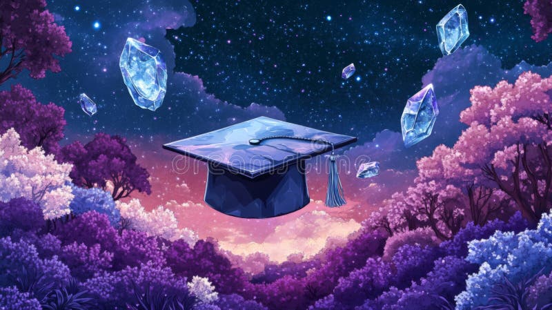Graduation Cap Floating Above a Magical Forest Night Stock Illustration ...