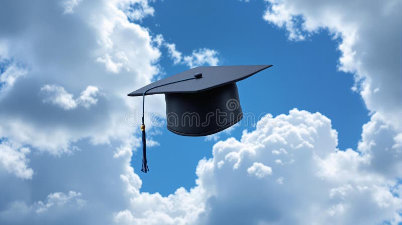 Graduation Cap Floating in Blue Cloudy Sky Symbolizes Achievement and ...