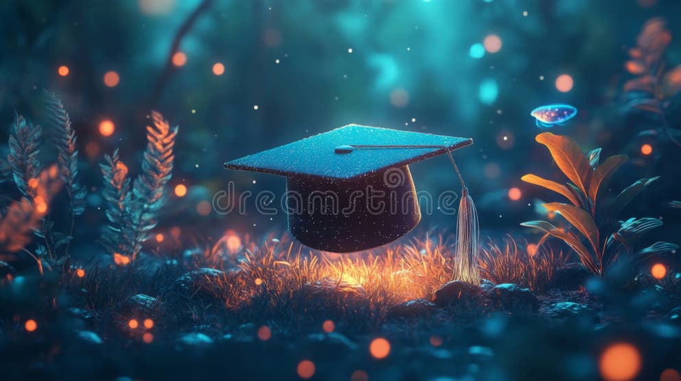 Graduation Cap Floating in a Magical Forest Scene Stock Illustration ...