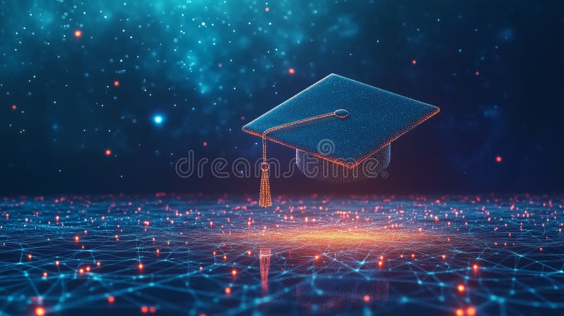 Graduation Cap Floating Over a Digital Network with Glowing Particles ...