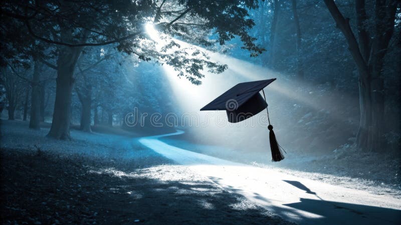 Graduation Cap Floating on Path in Misty Forest at Night Stock Image ...