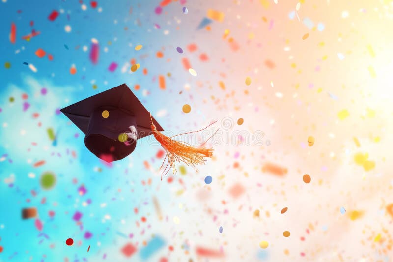Graduation Cap Floating in the Sky with Colorful Confetti. Generative ...