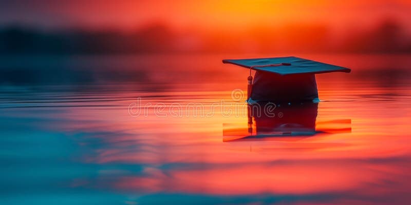 Graduation Cap Floating on Water at Sunset, Concept for Educational ...