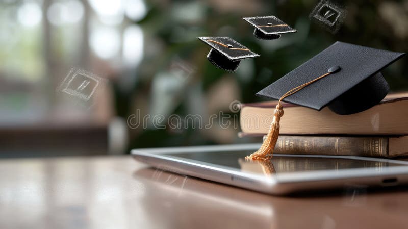 A Graduation Cap Floats Above a Stack of Books beside a Tablet ...