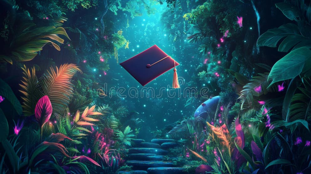 Graduation Cap Floats in a Magical Tropical Forest Stock Illustration ...