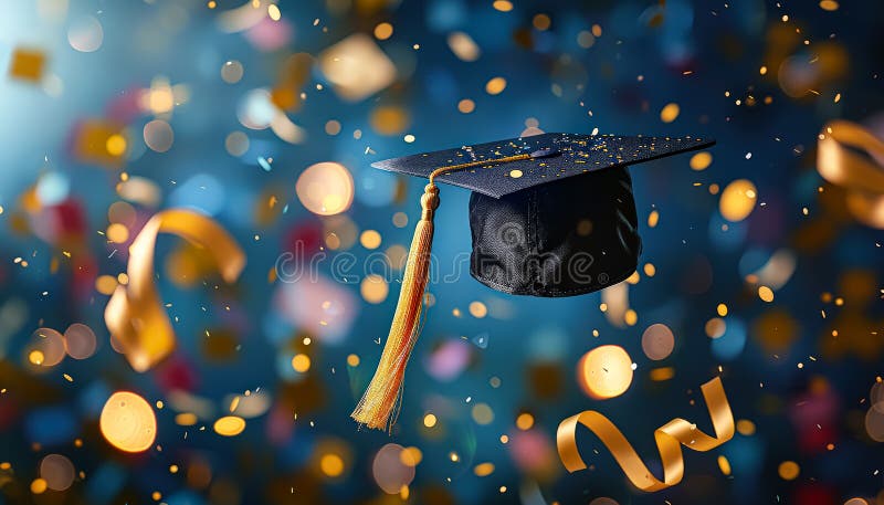 Graduation Cap is Flying through the Air with Confetti Falling Around ...