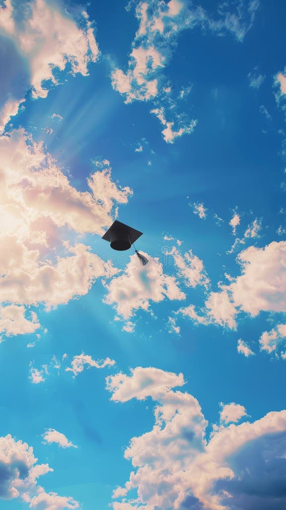 Graduation Cap Flying in Blue Sky with Clouds Stock Image - Image of ...
