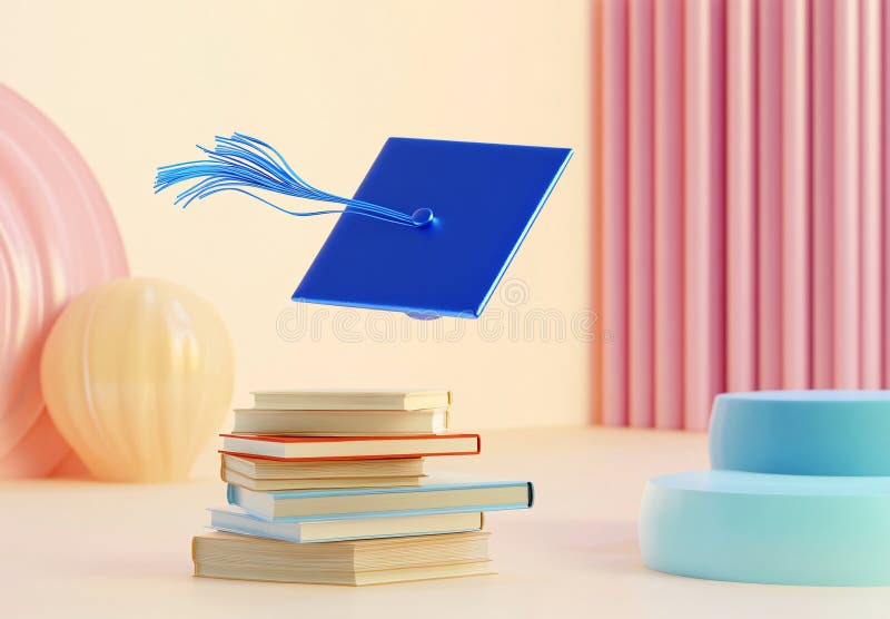 Graduation Cap Flying Over Books 3D Render Stock Illustration ...